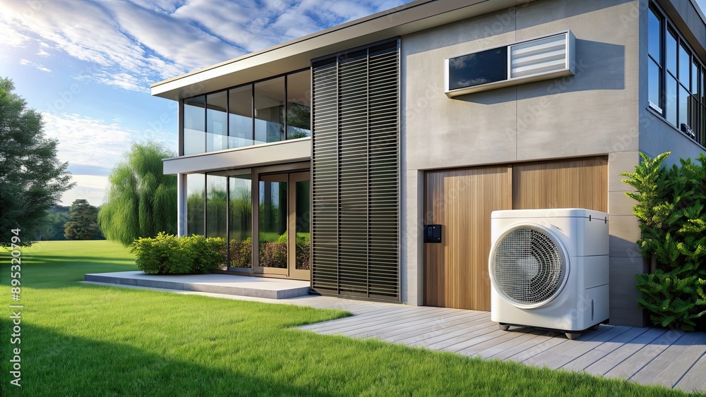 Futuristic outdoor air conditioning system next to modern house ...