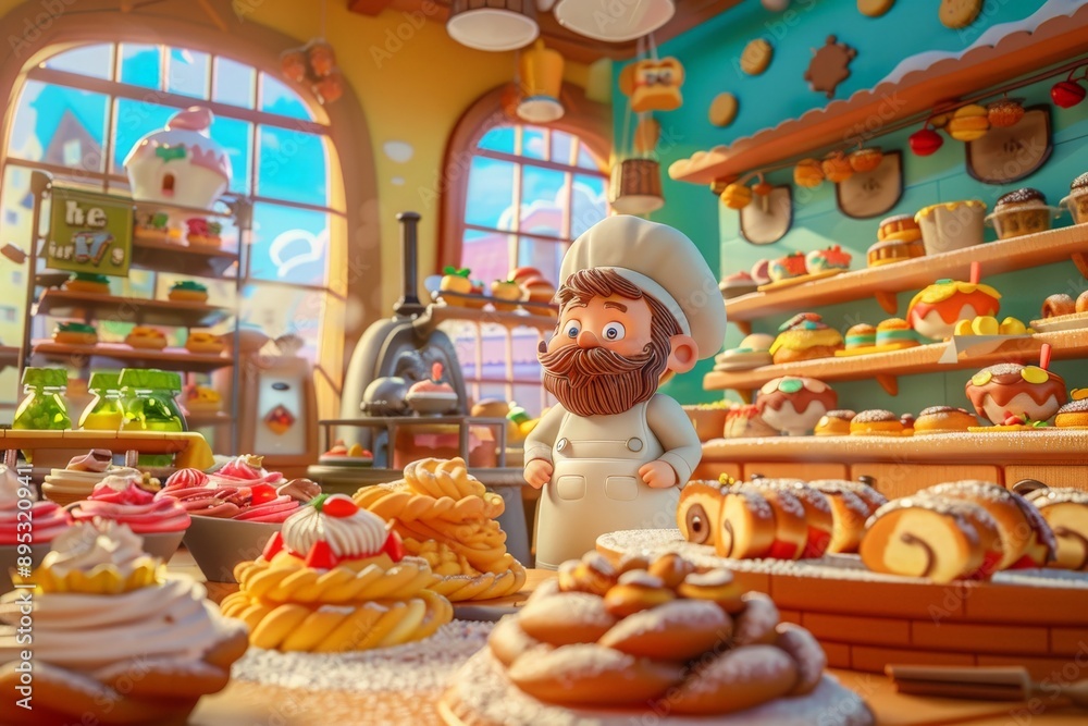 Cheerful 3D cartoon bakery with animated bakers, delicious pastries ...