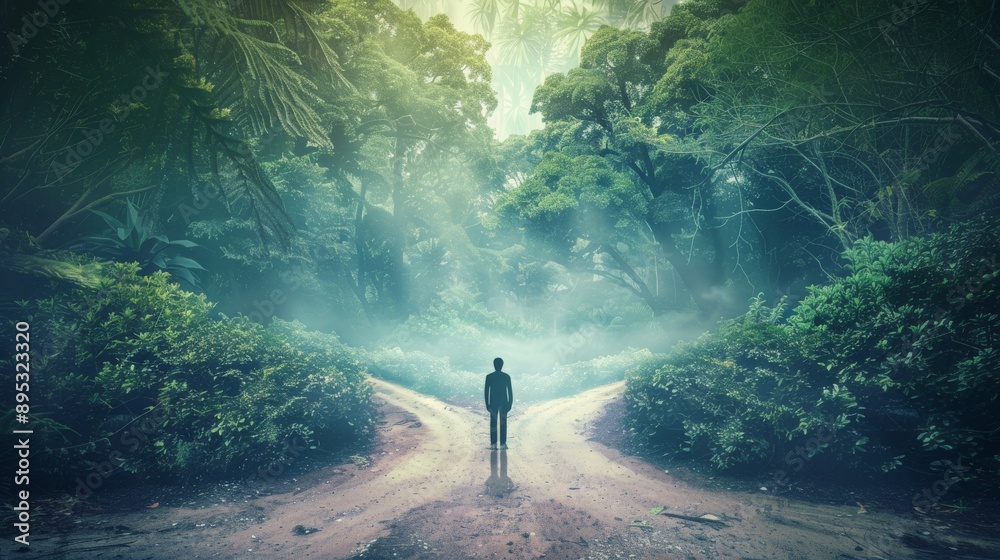 Single figure standing at a crossroads in a dense forest, with multiple ...