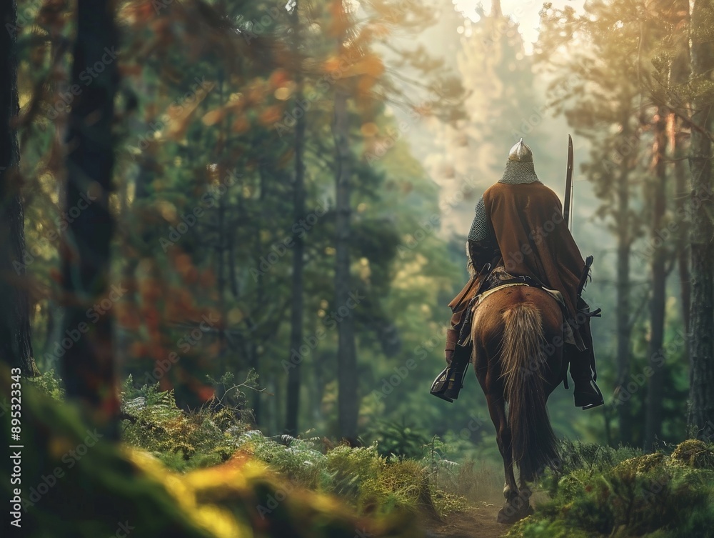 Single medieval huntsman tracking through a dense forest, with a high ...