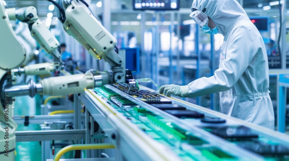 An assembly line worker assembling electronic components in a cleanroom ...