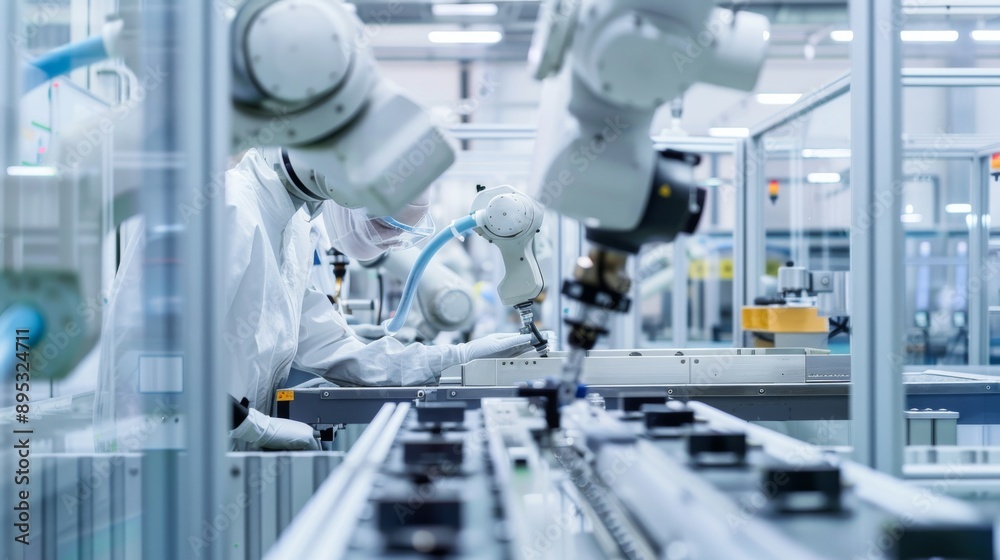 An assembly line worker assembling electronic components in a cleanroom ...
