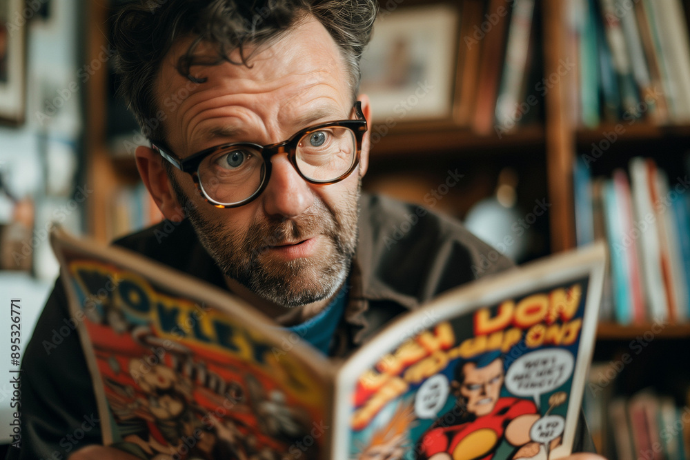 Geek reading a comic book, older person reading a cartoon magazine with ...