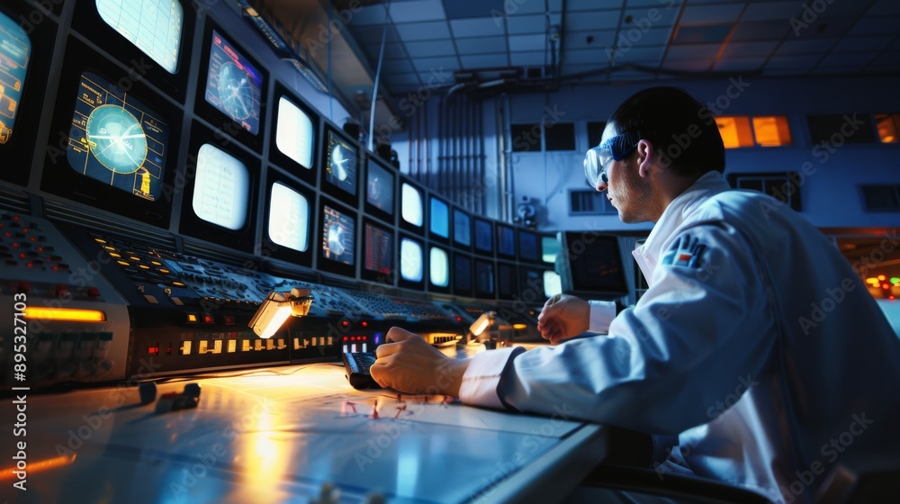 An atmospheric shot of a nuclear physicist analyzing radiation levels ...