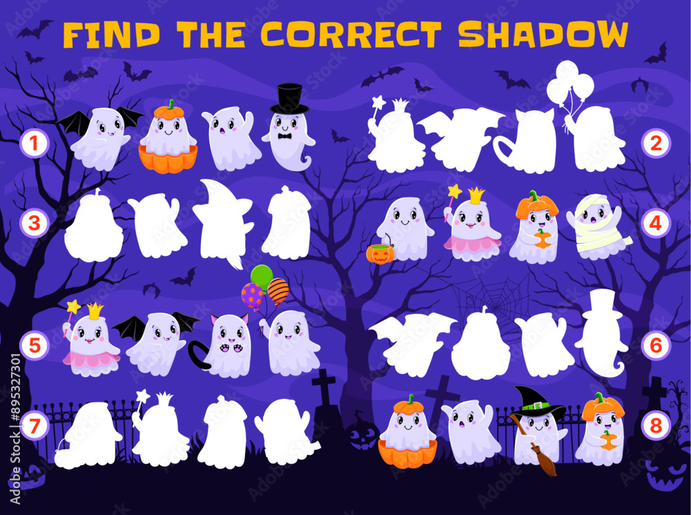Find the correct shadow of Halloween kawaii ghosts on cemetery. Kids ...