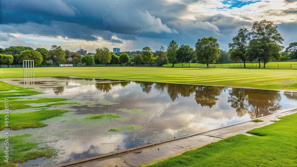 Wet cricket field with rain puddles and green grass , cricket, field ...