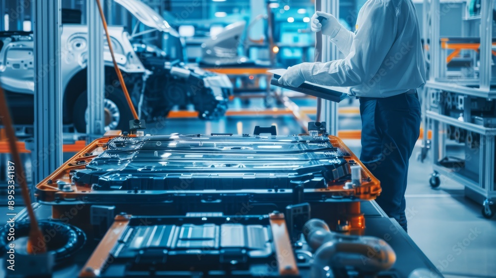 An automotive engineer testing electric vehicle batteries in a ...