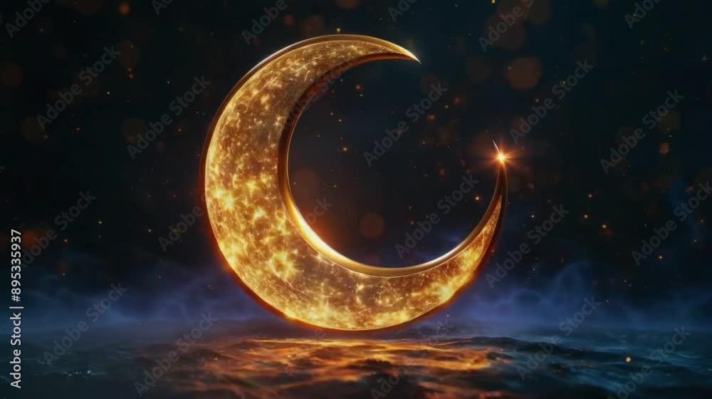 Golden Crescent Moon with Sparkling Lights. A glowing golden crescent ...