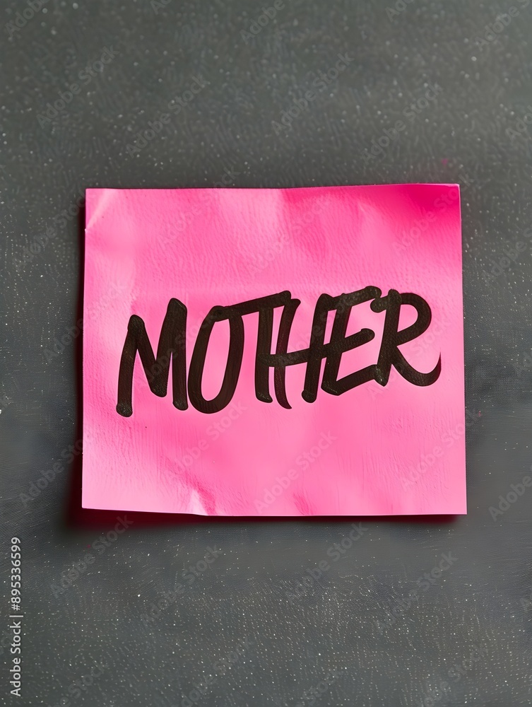 Bright pink sticky note with bold black "MOTHER" text, crinkled corners ...