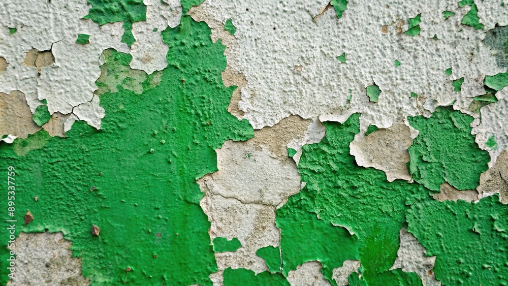 Pared despintada en verde y blanco con textura de cemento y grano desde un ?ngulo alto, textura ...