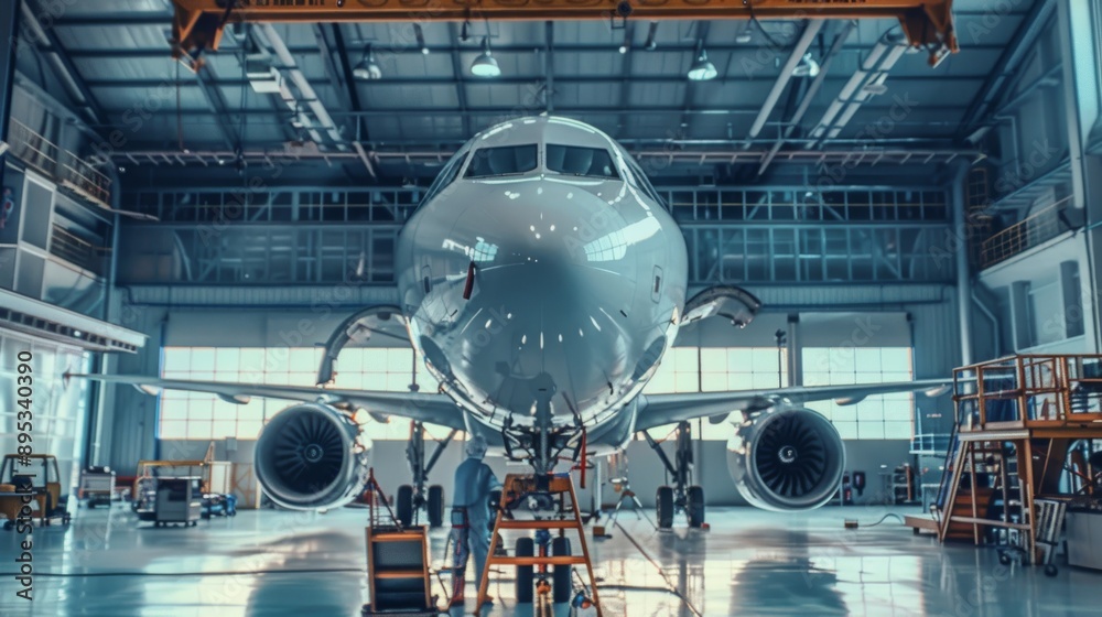 An expansive aerospace manufacturing hangar with engineers assembling ...