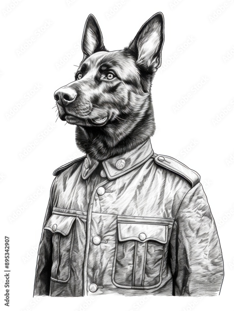 Black and white Vintage engraved art of a dog in a police uniform ...