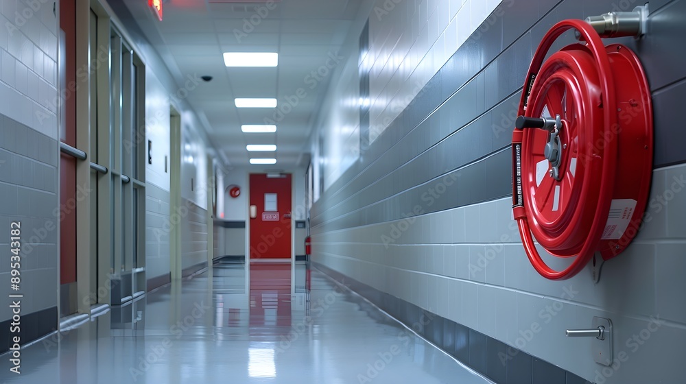 Fire extinguisher and fire hose reel installed in a public corridor ...