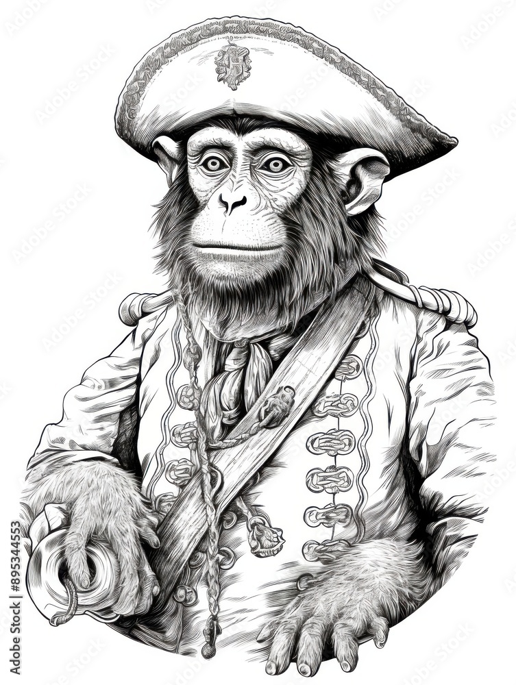 Black and white Vintage engraved art of a monkey in a pirate outfit ...