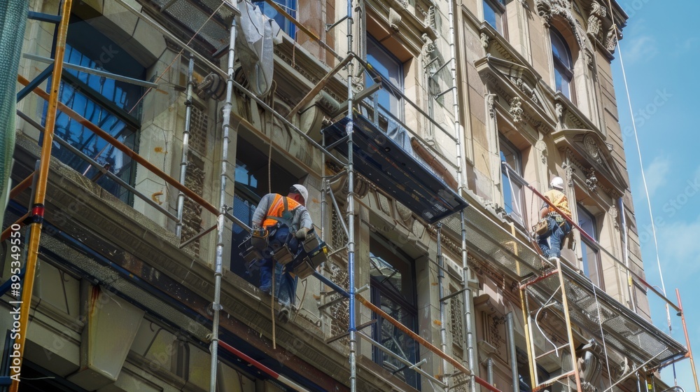 An expansive shot of construction crews dismantling scaffolding after ...
