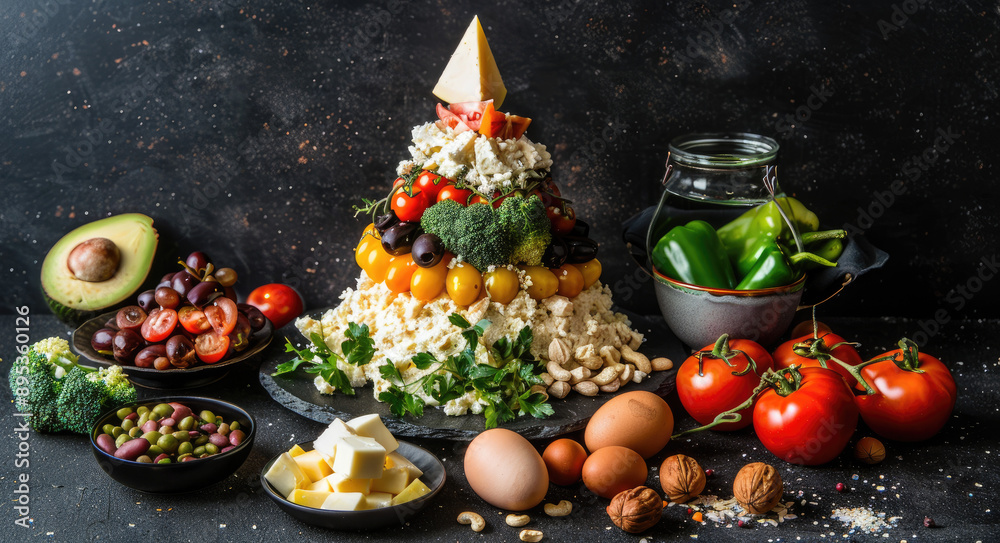 A food pyramid with different foods arranged in layers, such as fruits ...