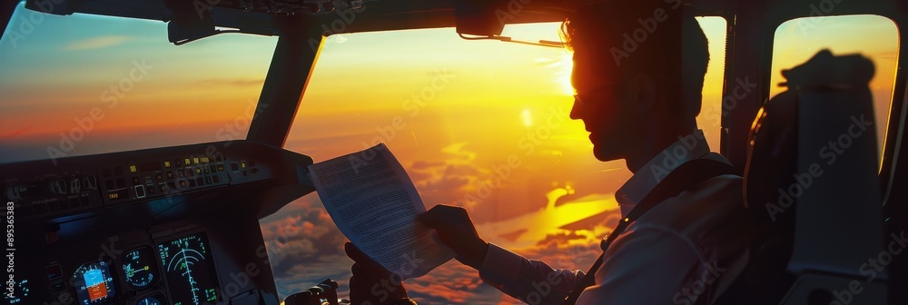 A pilot reads flight charts in the cockpit of a plane, illuminated by ...
