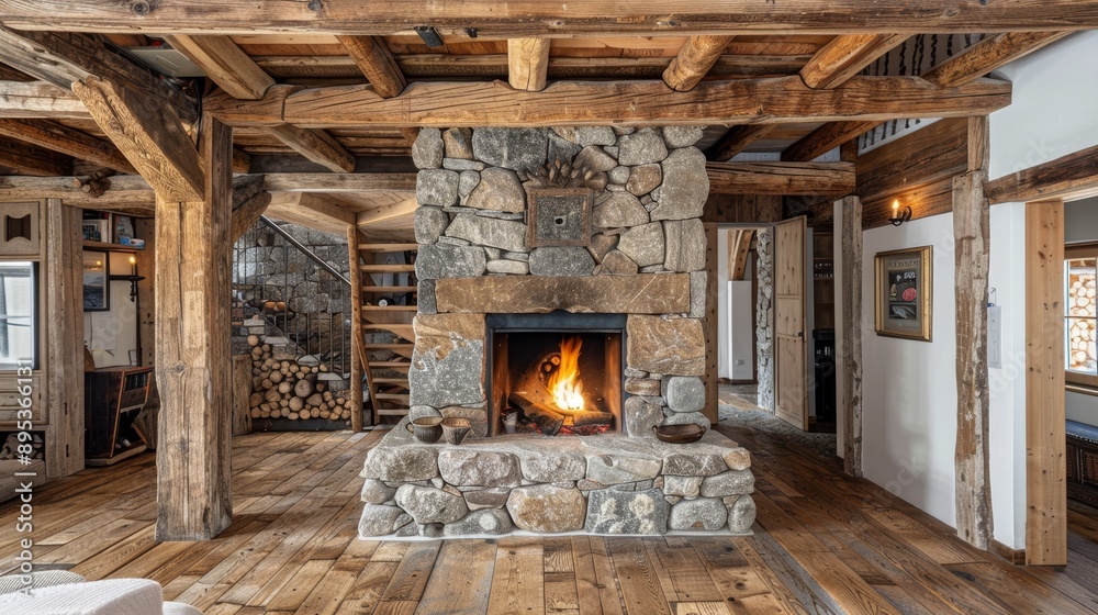 A rustic cabin interior featuring a stone fireplace with a roaring fire ...