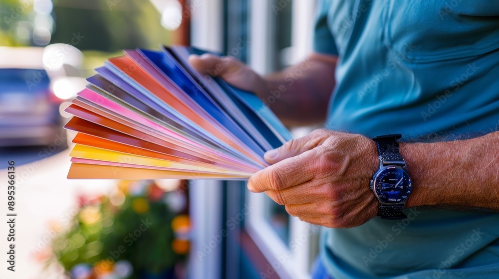 A homeowner selecting exterior paint colors from a fan deck, comparing ...