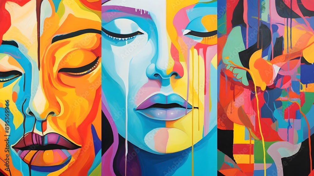 Vibrant and Emotive Abstract Art with Bold Facial Features and Color ...