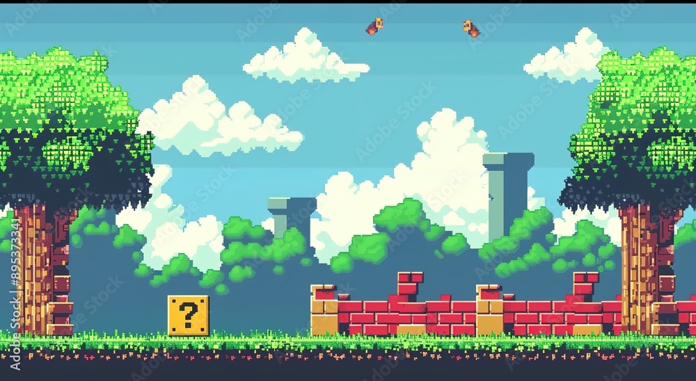 A retro-inspired pixel art backdrop for a game, featuring a button for ...