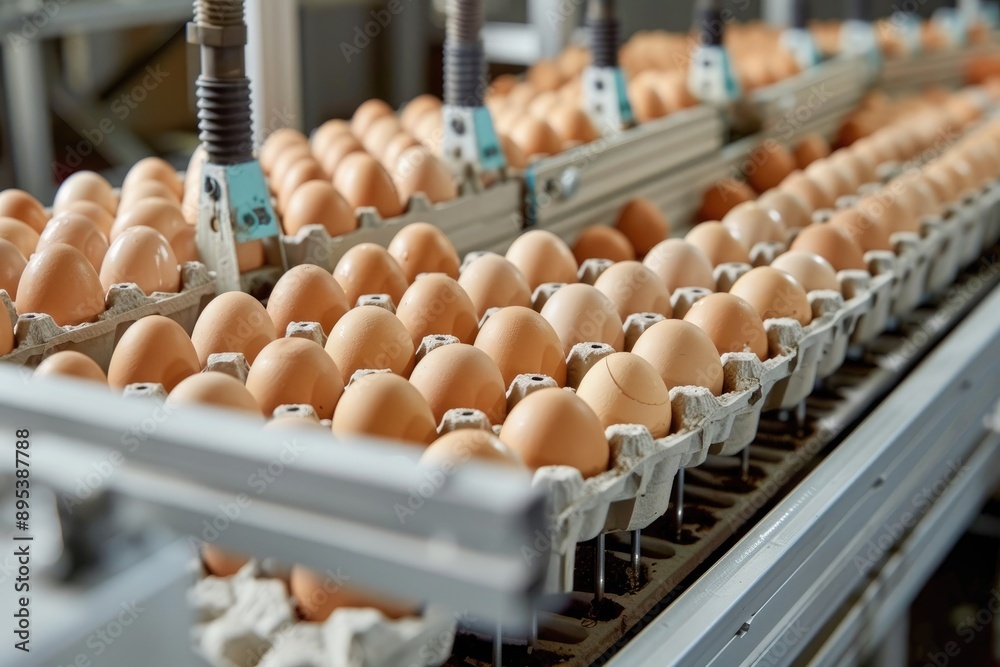 Automated packaging line with eggs being carefully placed into cartons ...