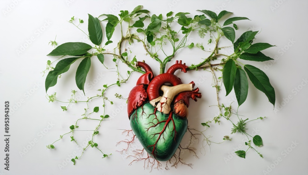 detailed heart with emerging plant, red heart at center with roots ...