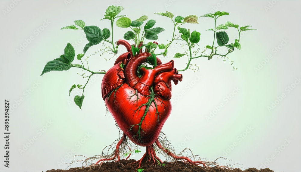 heart diagram with plant growth, red heart with roots extending down ...