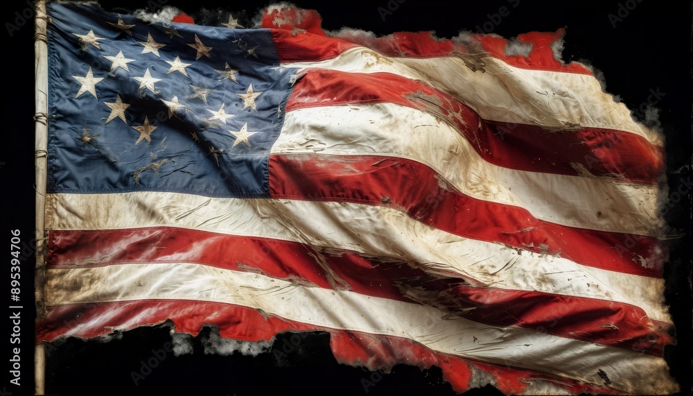 distressed black and white usa flag, old and tattered, stars barely ...
