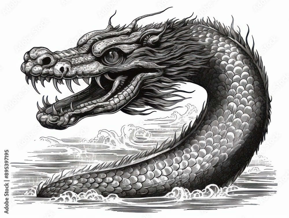 Black and white Vintage engraved art of a naga isolated on white ...