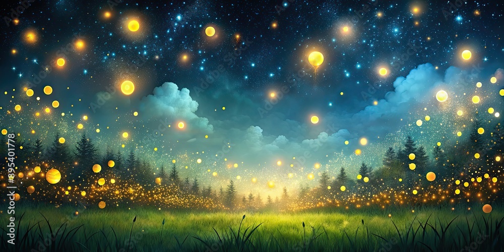 Glowing fireflies shining bright under a starry night sky, fireflies ...