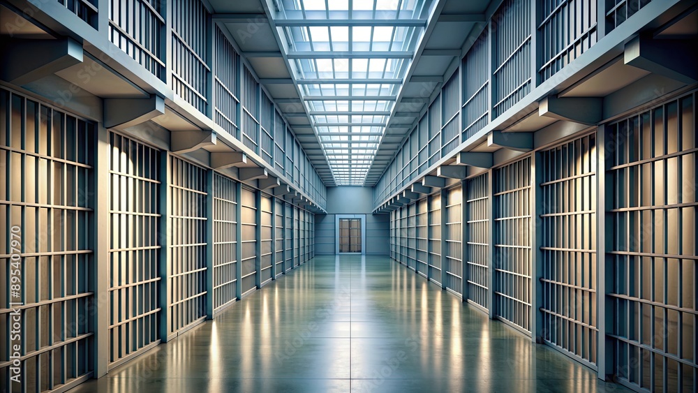 Empty prison corridor with bars on the windows , prison, empty ...