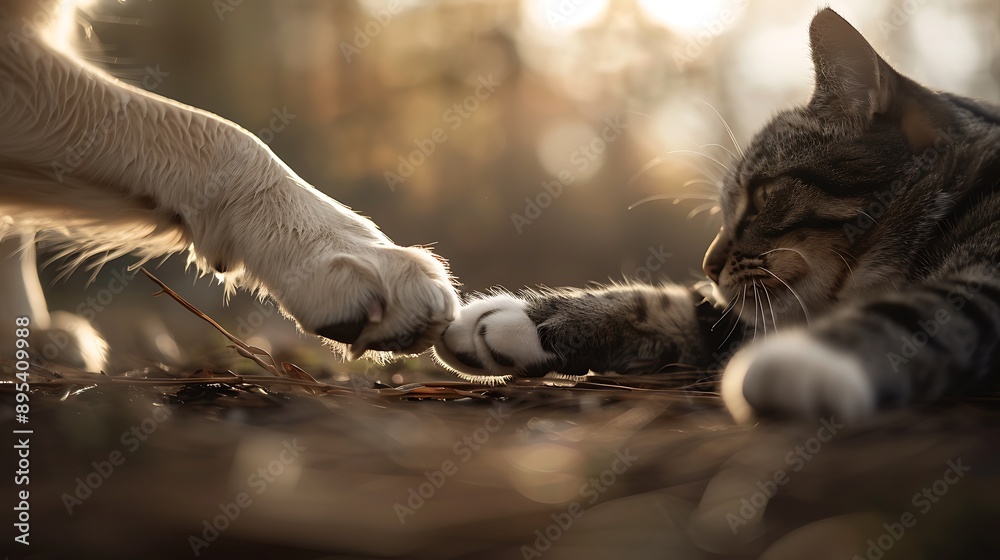 Tender moment between a dog and cat as their paws gently touch each ...
