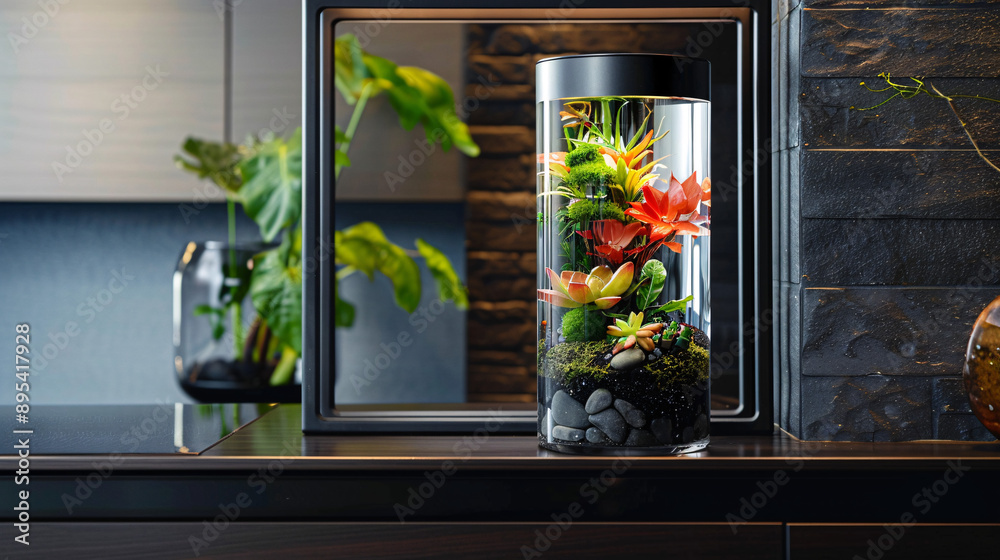 A vibrant terrarium with tropical plants and decorative stones in a ...