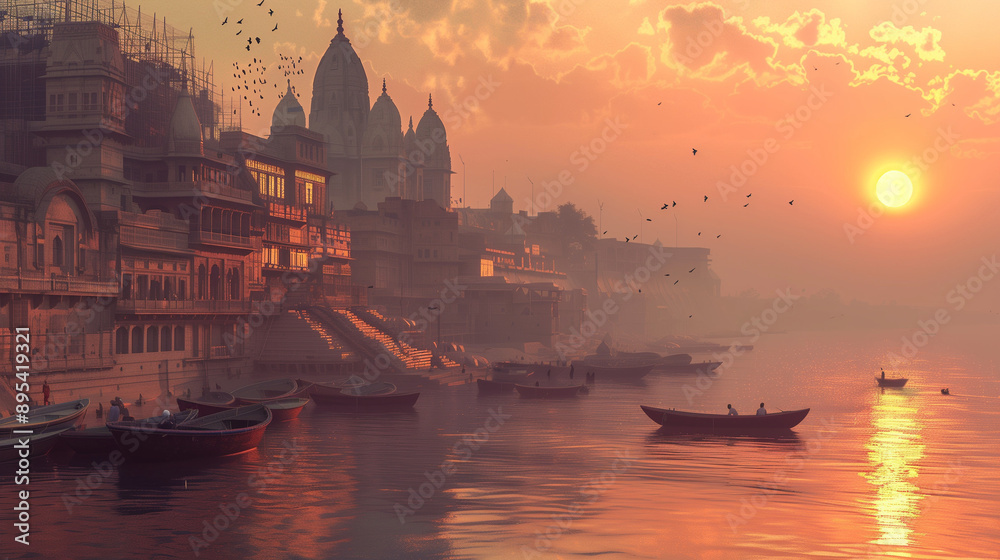 Varanasi city with ancient architecture. View of the holy Manikarnika ...