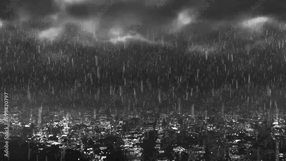 Background video of heavy rain falling, the water drops appear colorful ...