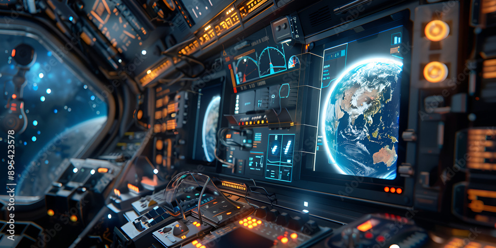 Interior of spaceship with view of Earth through window. Earth seen ...