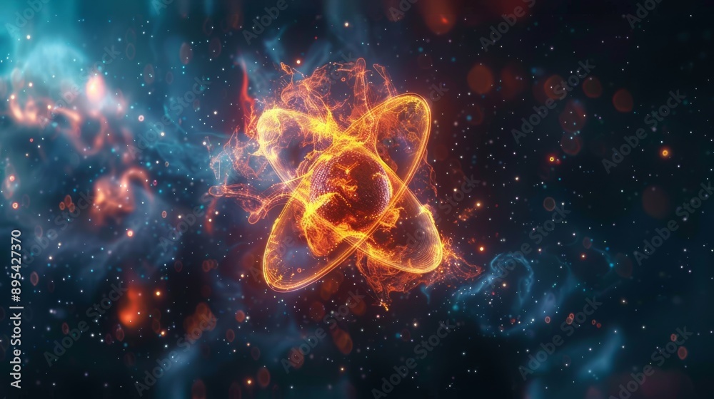 A digitally illustrated atom with electrons orbiting a nucleus, set ...