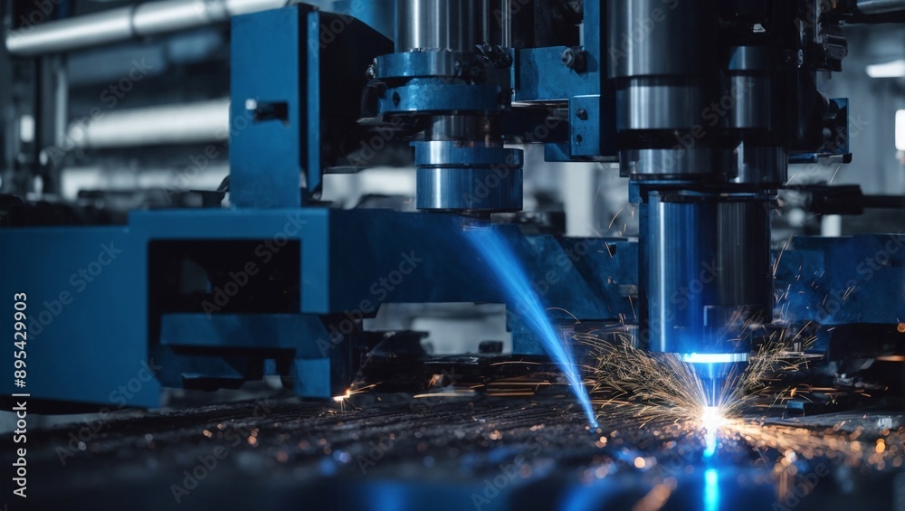 Laser Focus: Blue industrial laser cutter in action, sparks flying ...