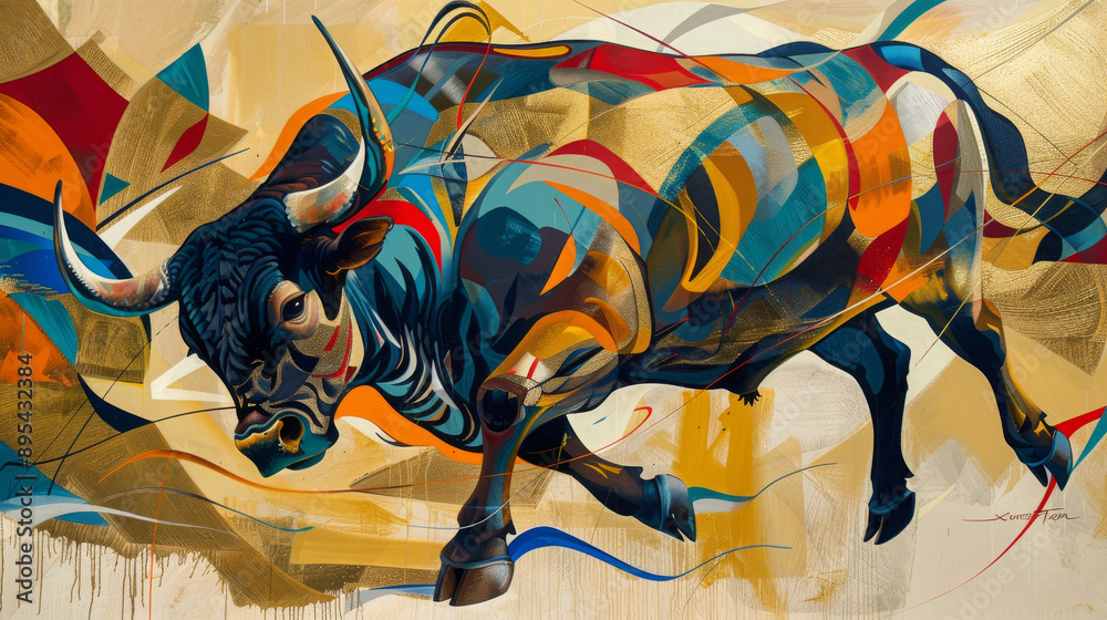 An artistic representation of a bull, using abstract shapes, bold ...