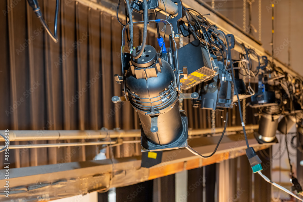 Theater stage rigging with theatrical equipment, lighting, supports ...