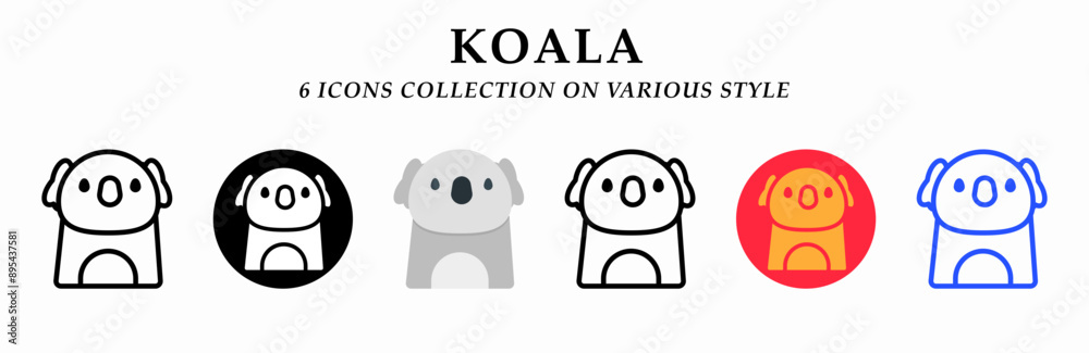 Koala icons collection. 6 Various styles. Lineal, solid black, flat ...