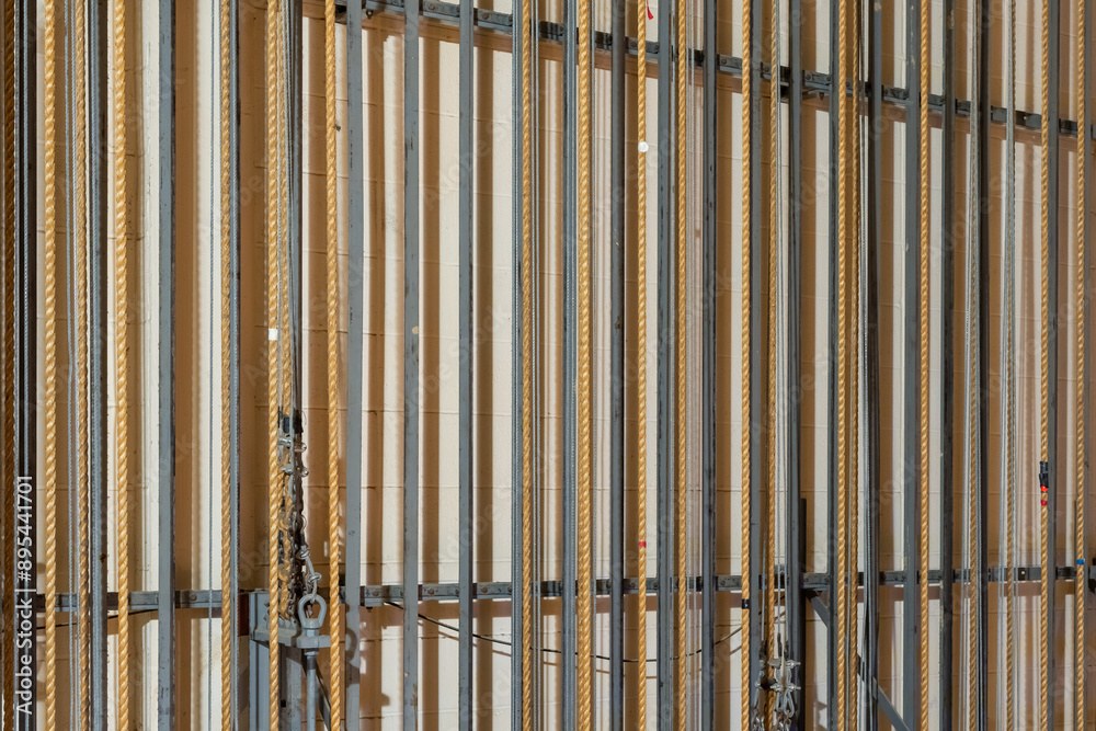 Theater stage rigging with theatrical equipment, lighting, supports ...