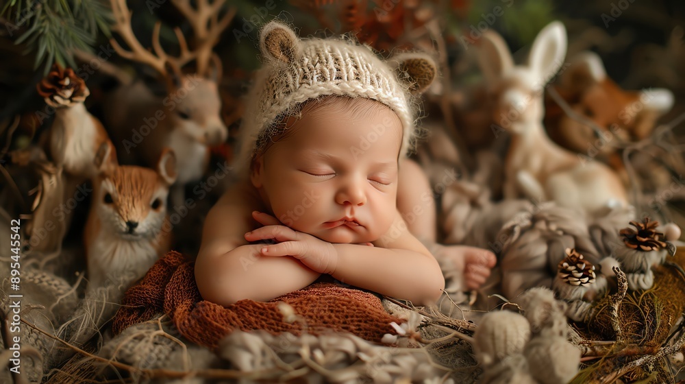 Newborn in a forest-themed setup, sleeping with tiny woodland animals ...