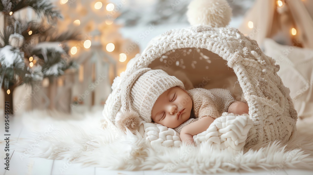 Newborn in a winter-themed setup, sleeping in a cozy igloo prop with ...