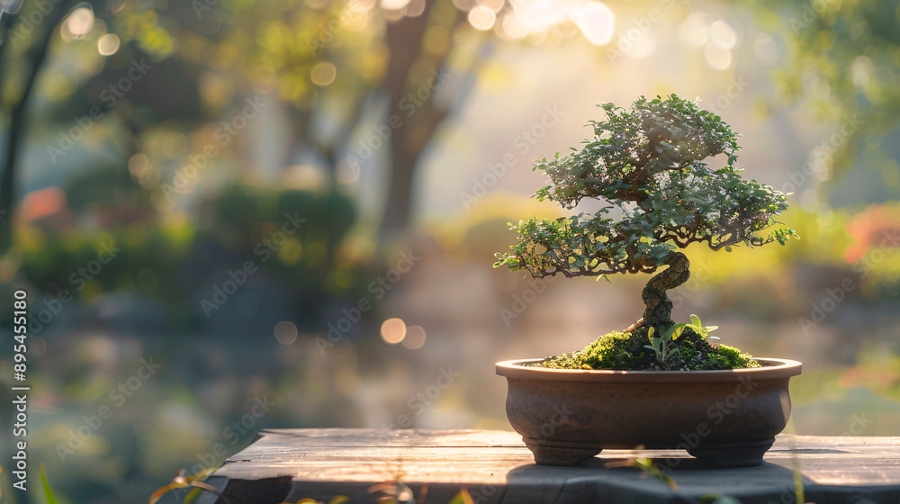 A bonsai tree in a traditional wooden bonsai display stand, placed in a ...