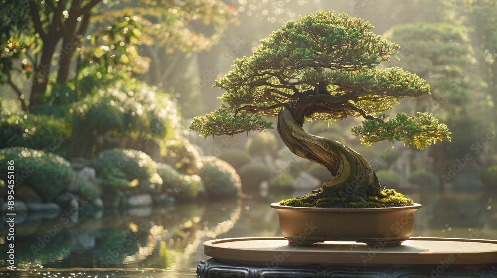A bonsai tree in a traditional wooden bonsai display stand, placed in a ...