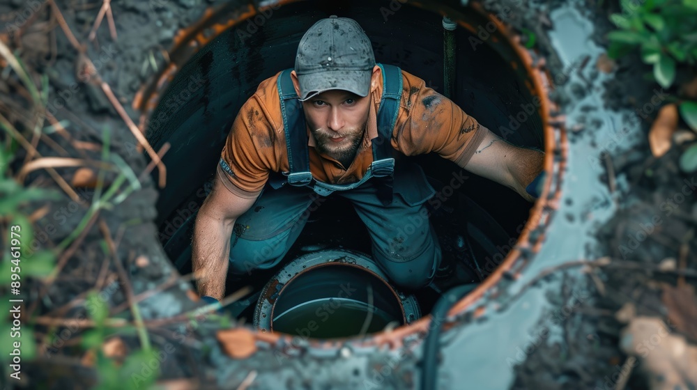 Professional Cleaning of Septic Tank by Man for Sewage Service Stock ...
