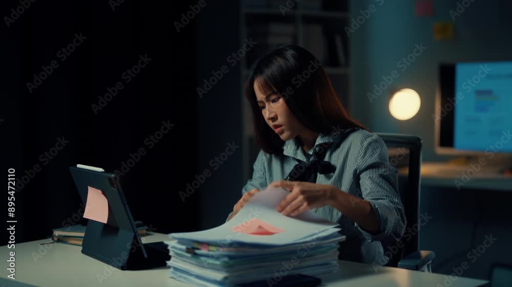 Stressed office worker struggles with paperwork late at night, showing ...