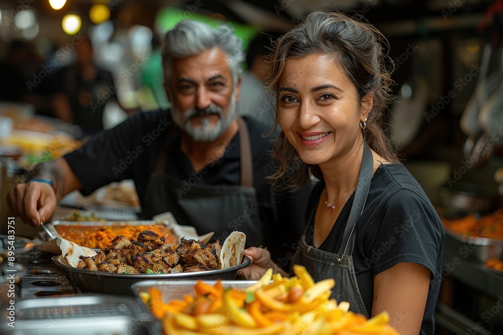 A joyous father and daughter team serve freshly prepared food ...